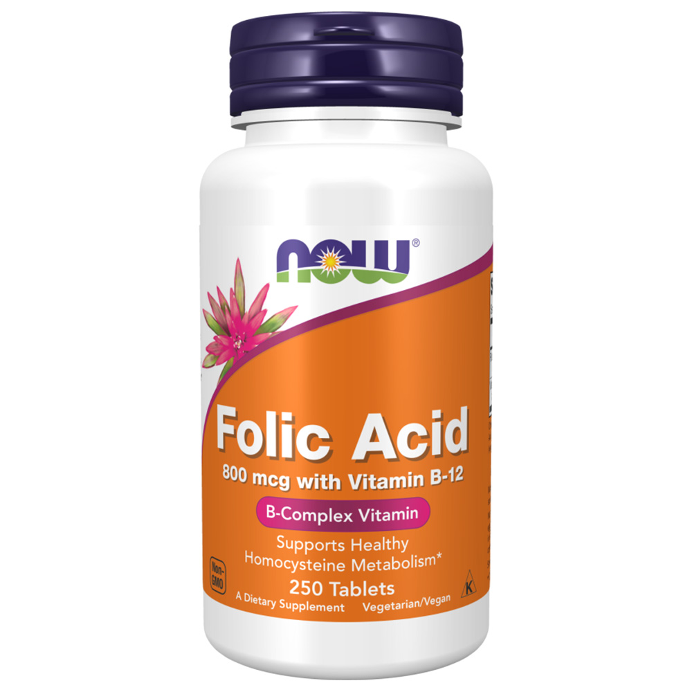 Now Folic Acid With Vitamin B12, 250 Tablets, 800 mcg, Supports Healthy ...